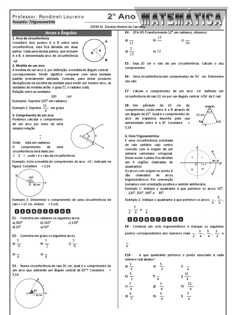 Apostila - Trigonometria - Arcos e Angulos | PDF | Círculo | Trigonometria