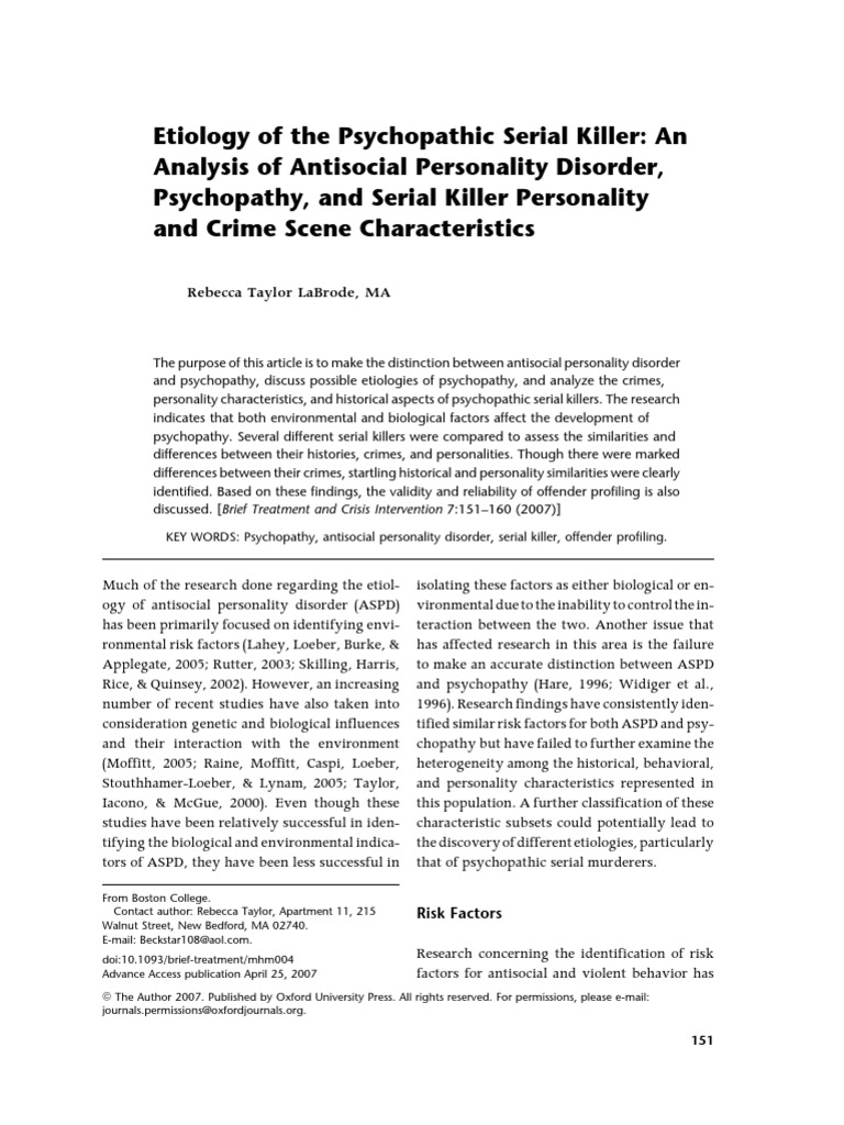 Etiology of The Psychopathic Serial Killer | PDF | Psychopathy | Offender Profiling
