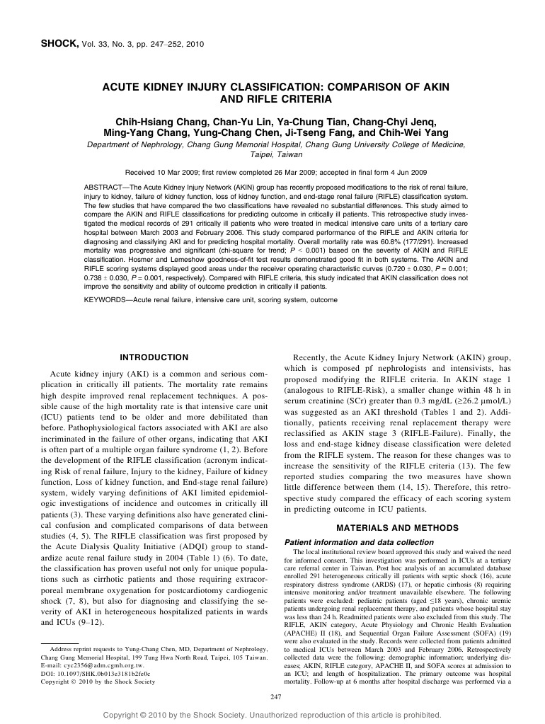 Acute Kidney Injury Classification: Comparison of Akin and Rifle ...