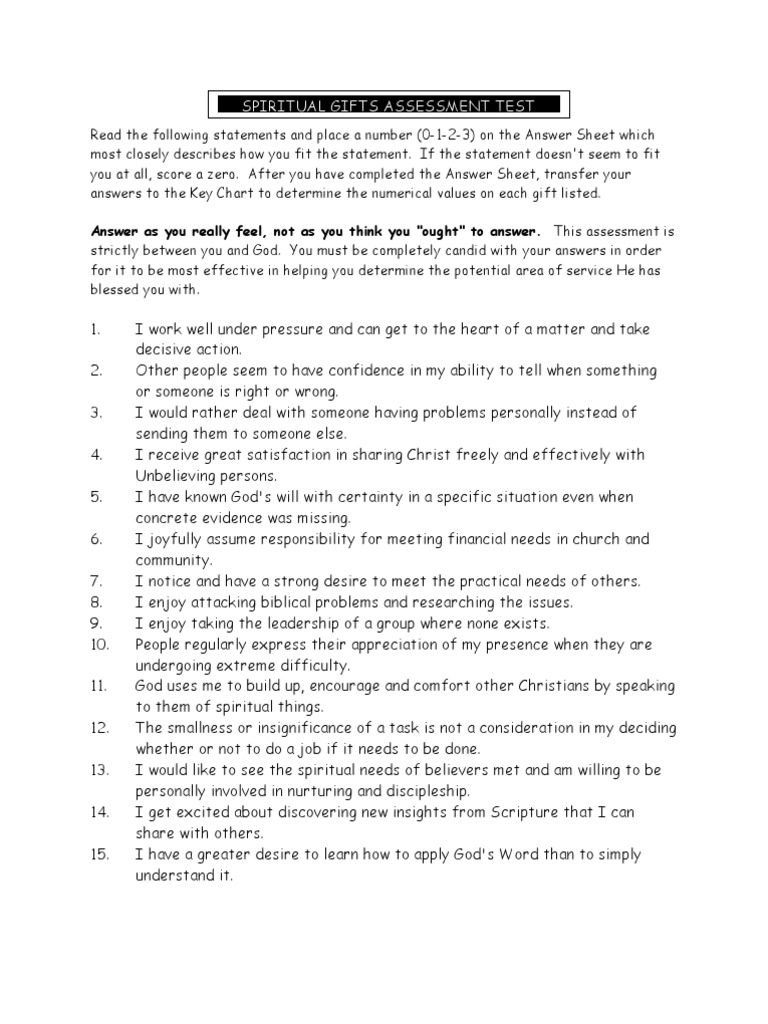Spiritual Gifts Assessment Test: Answer As You Really Feel, Not As You ...