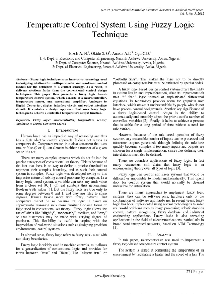 Paper 5 Temperature Control System Using Fuzzy Logic Technique Pdf Fuzzy Logic Control System