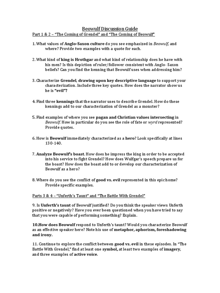 Beowulf Discussion Guide | PDF | Beowulf | Anglo Saxons