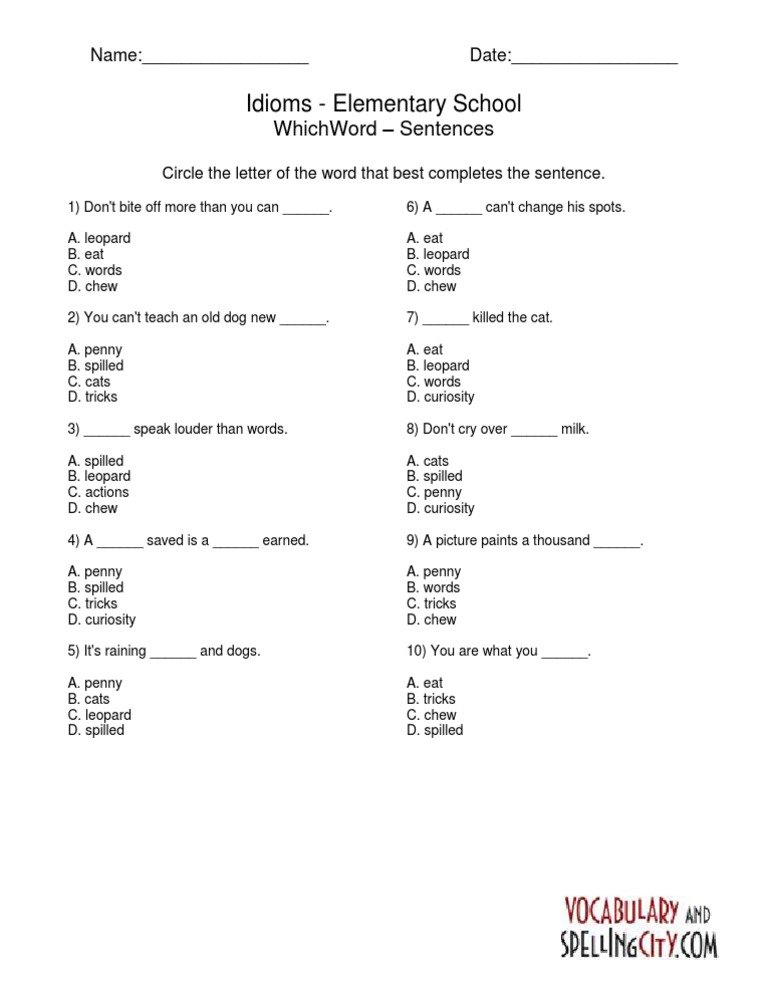 Elementary School Idioms Worksheet | PDF