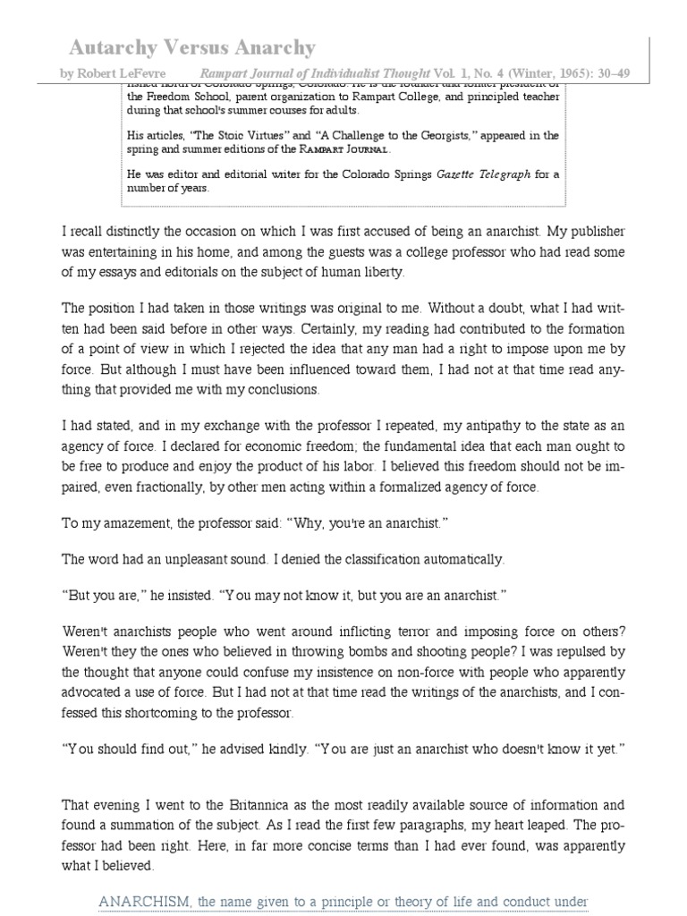 Autarchy Versus Anarchy-Robert LeFevre | PDF | Debt | American ...