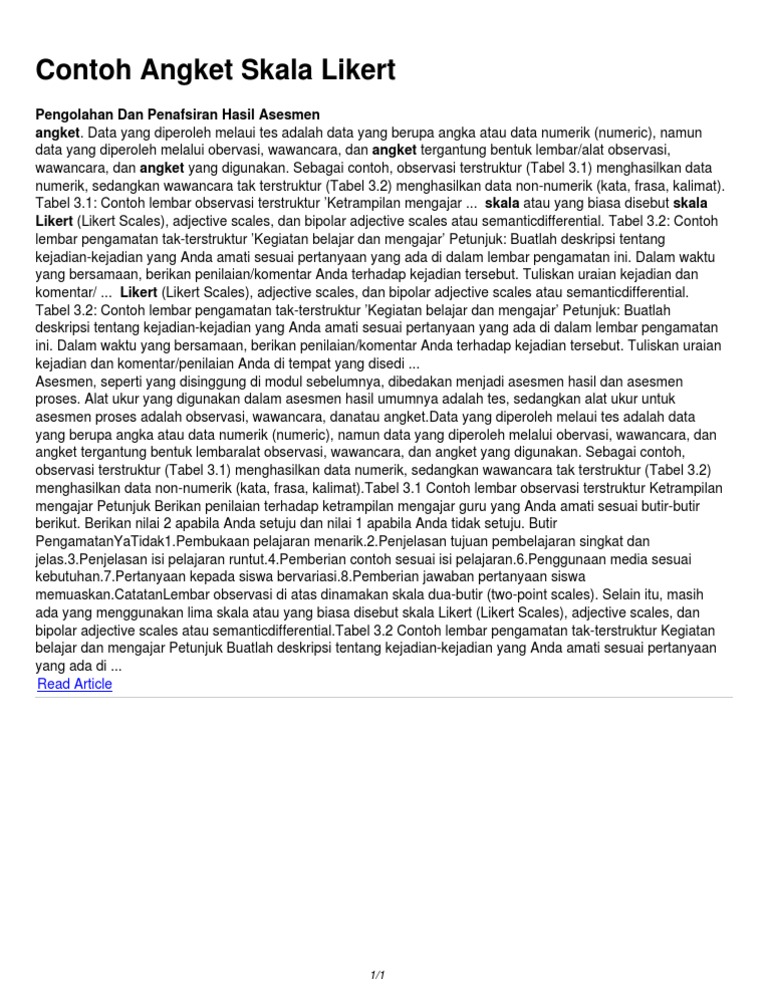 Contoh Angket Skala Likert | PDF