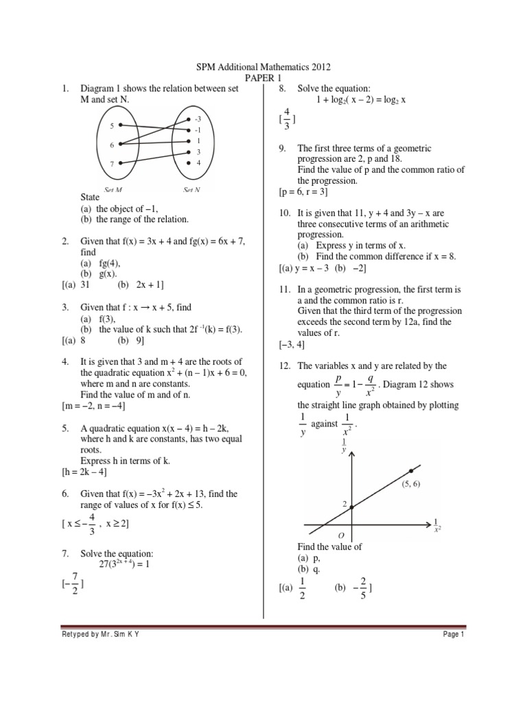 Spm Additional Mathematics 2012 P1 Equations Geometry