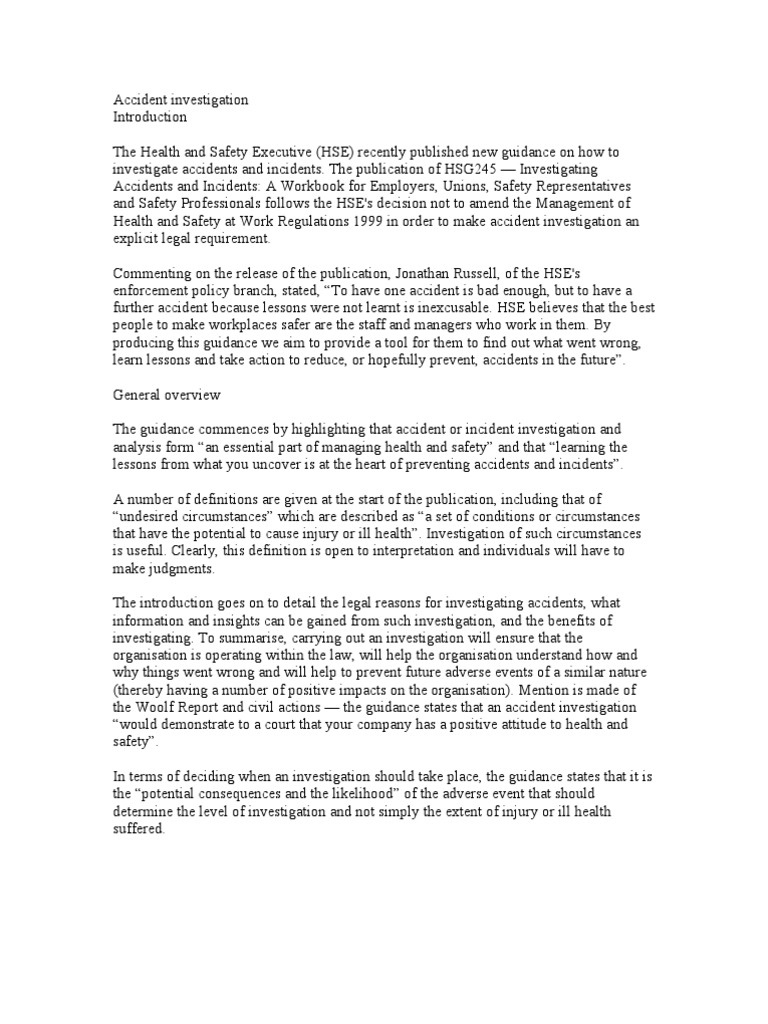 Accident Investigation HSG245 | Risk | Safety