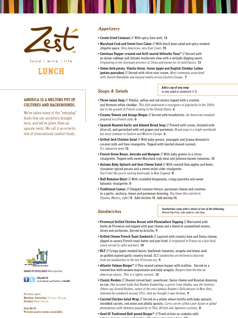 Zest Lunch Menu | PDF | Salad | Coleslaw