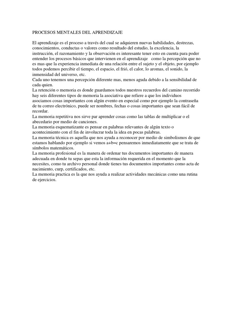 Procesos Mentales Del Aprendizaje Pdf Memoria Percepción