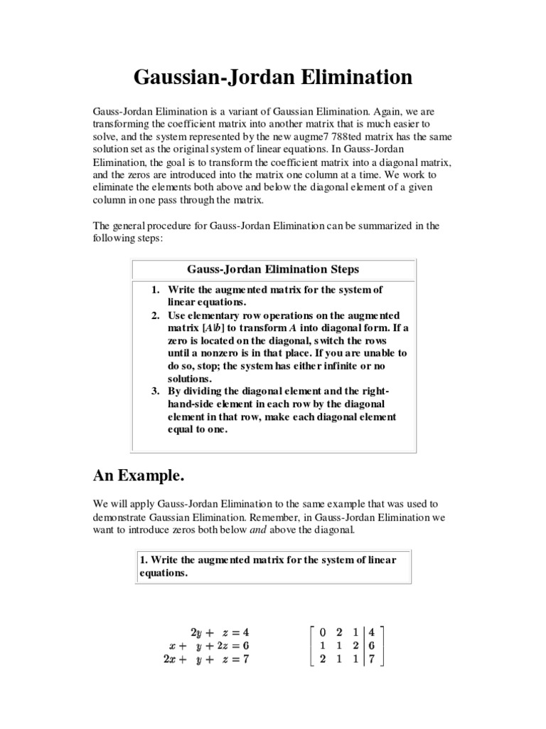 Gauss-Jordan Elimination Steps Explained | PDF | Teaching Methods & Materials | Science ...