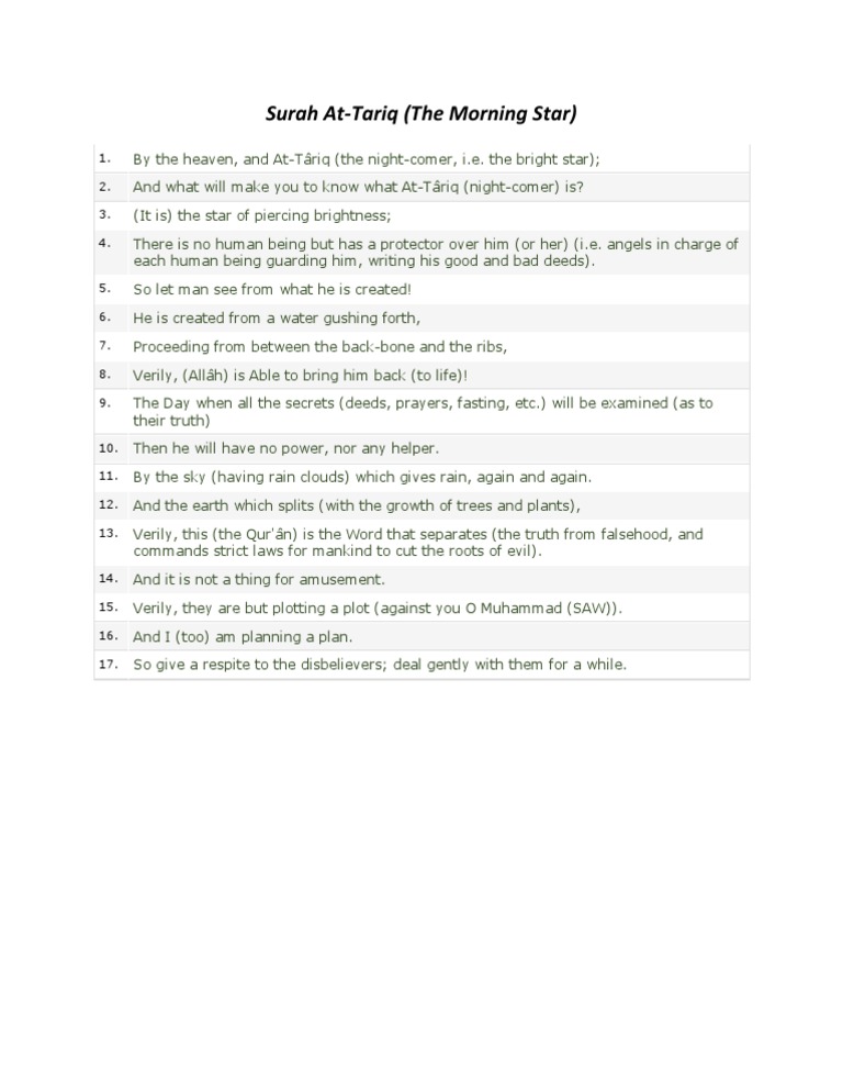 Surah At-Tariq (The Morning Star) | PDF