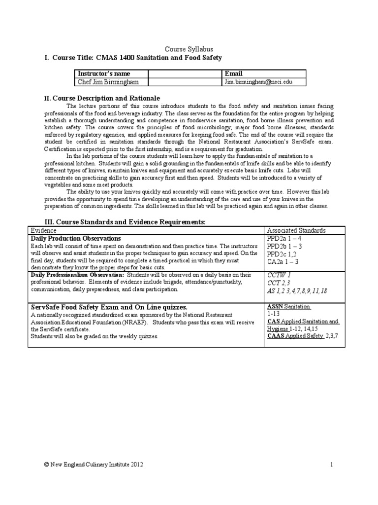 Course Syllabus CMAS 1400 Sanitation and Food Safety | PDF | Hygiene ...