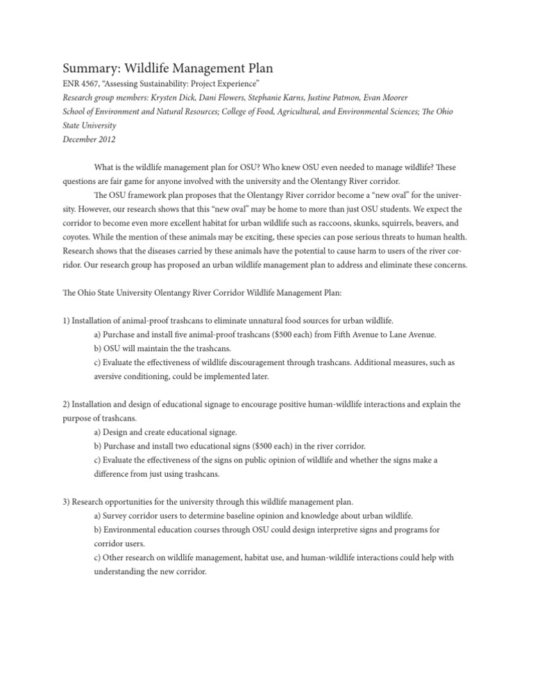 Wildlife Management Plan Summary PDF | PDF | Ohio State University ...