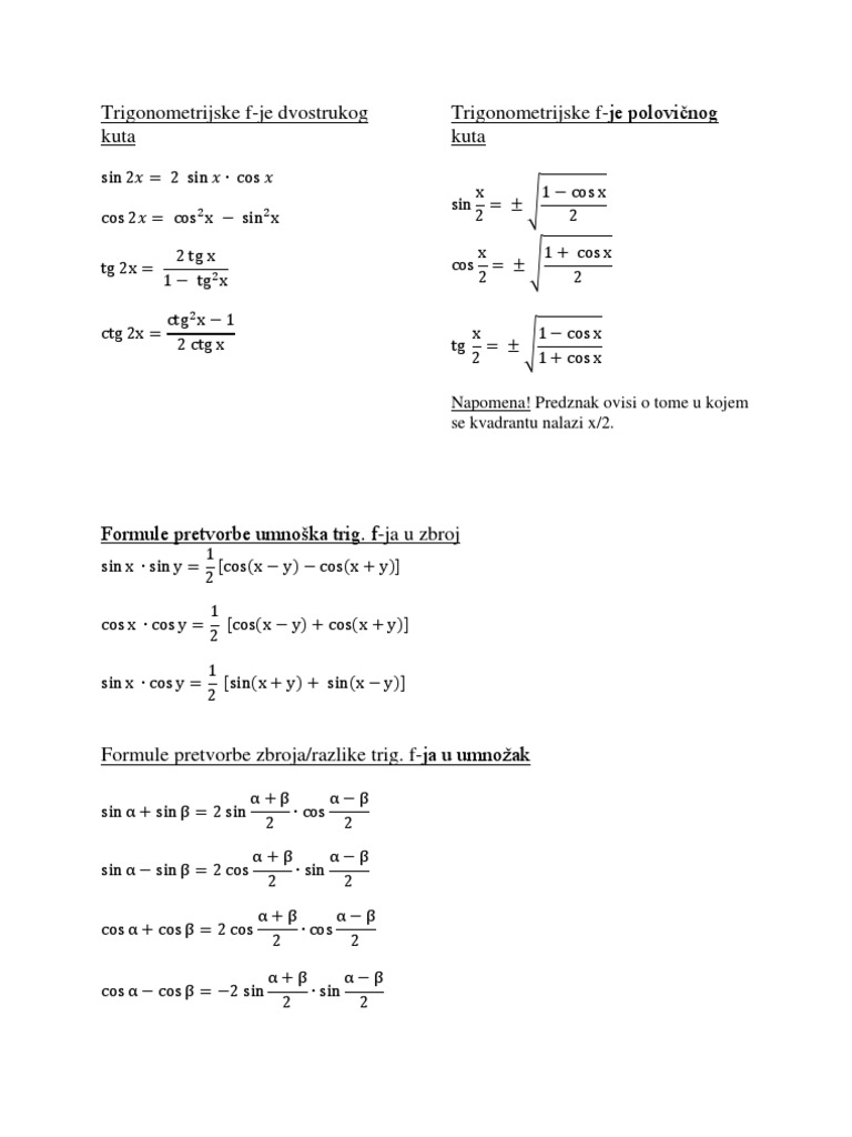 Trigonometrijske Funkcije - Formule | PDF