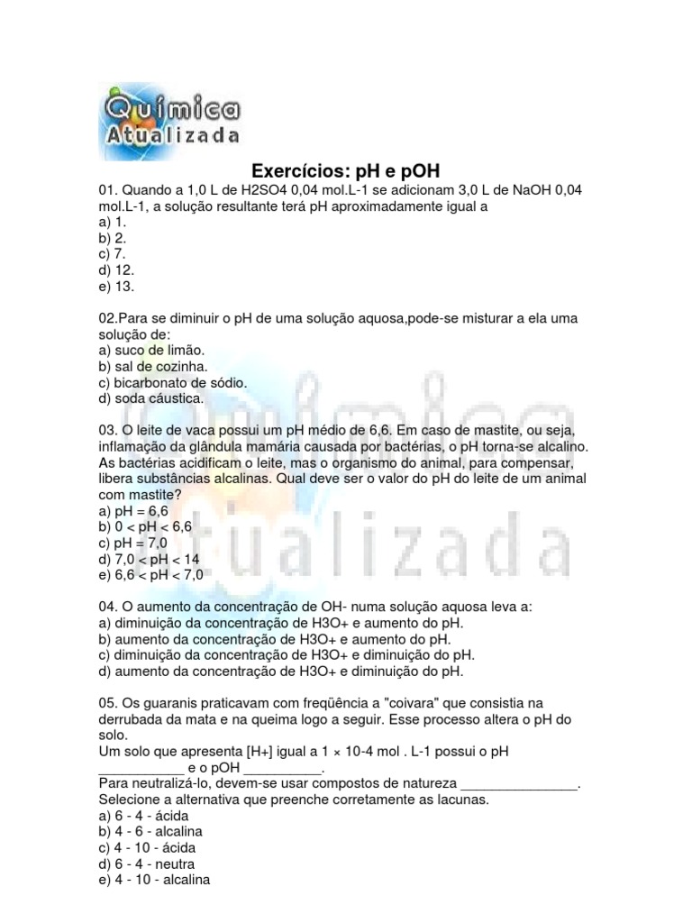 Exercícios Sobre PH e pOH | PDF | Ph | Ácido