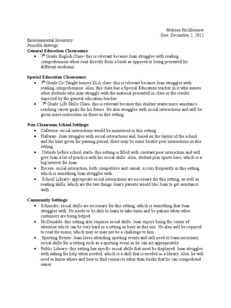 Environmental Inventory | PDF | Special Education | Teachers