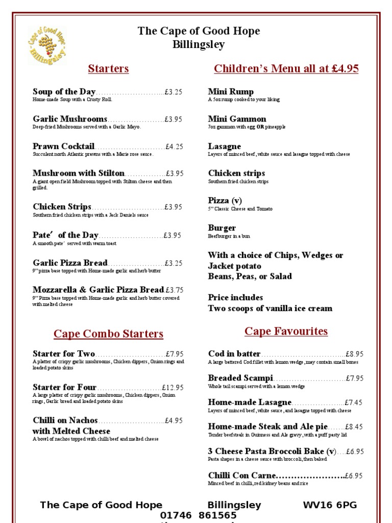 The Cape of Good Hope - Menu | PDF | Steak | Hamburgers