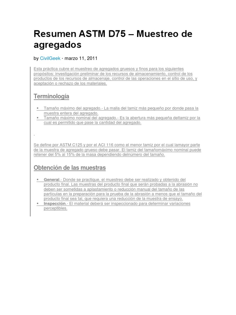 Guía ASTM D75: Muestreo de Agregados | PDF | Muestreo (Estadísticas ...