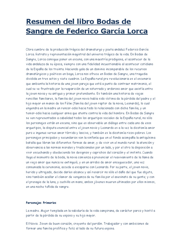 Resumen Del Libro Bodas de Sangre de Federico García Lorca | PDF ...