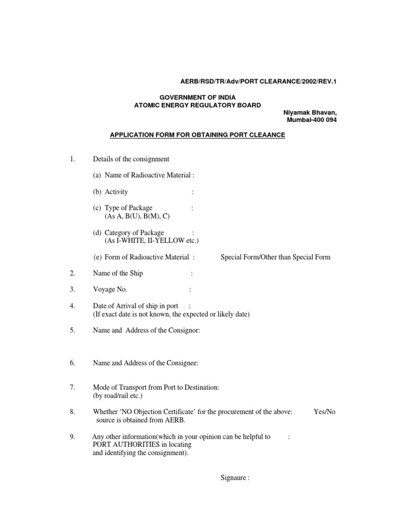 Port Clearance Application Form | PDF