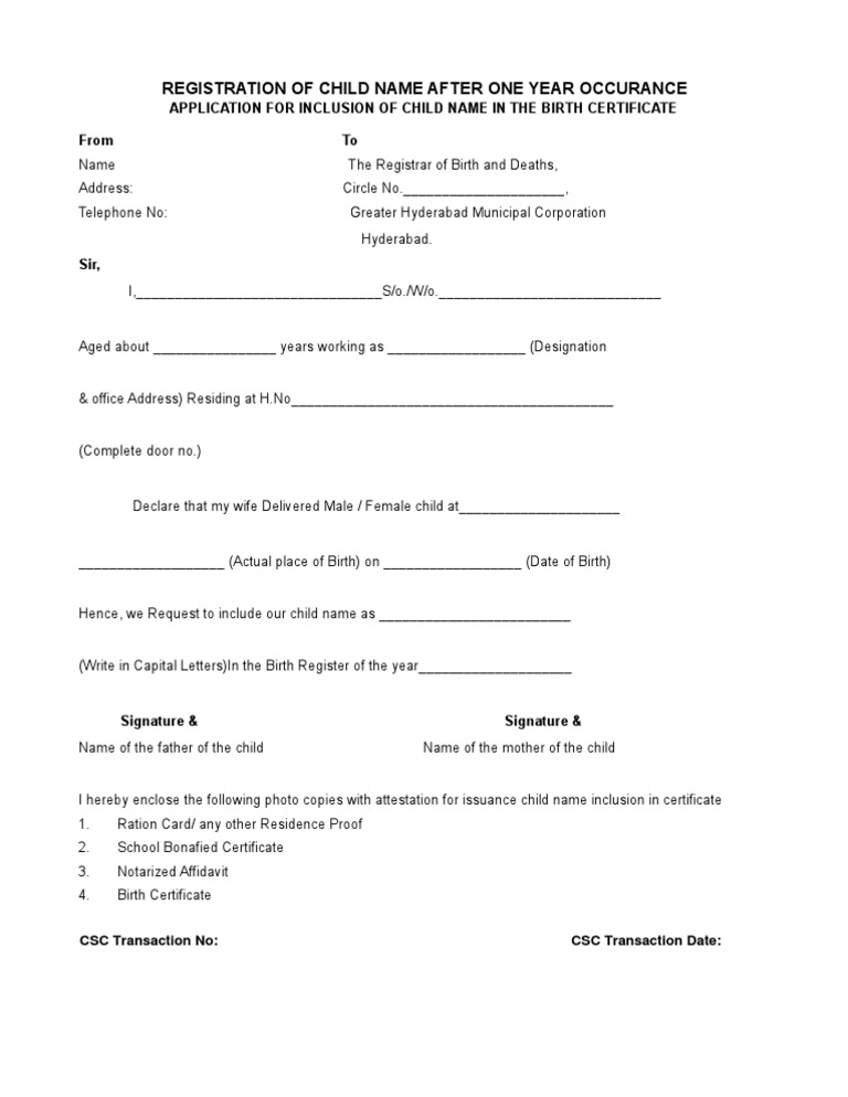 GHMC Application Form For Inclusion of Child Name in Birth Certificate ...