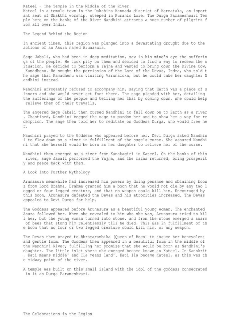 Kateel - The Temple in The Middle of The River | PDF | Devi | Mythology