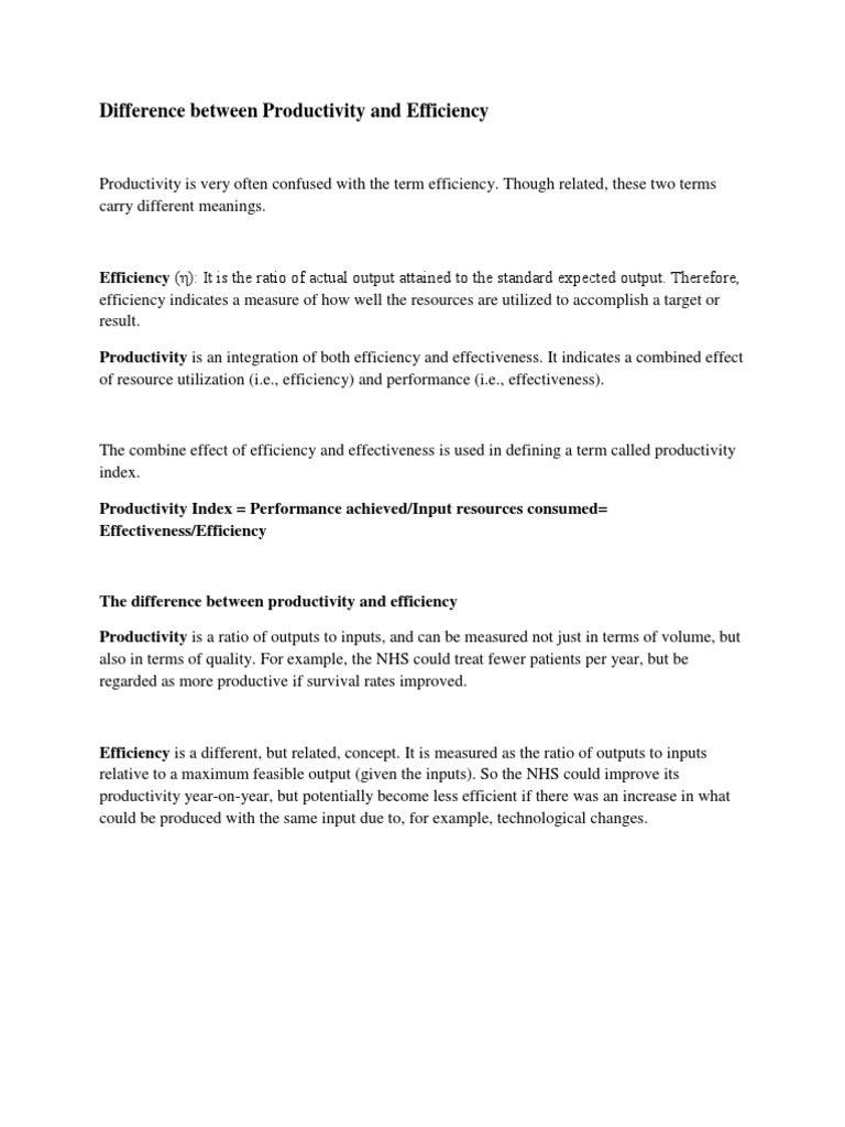 Difference Between Productivity and Efficiency | PDF | Economics ...
