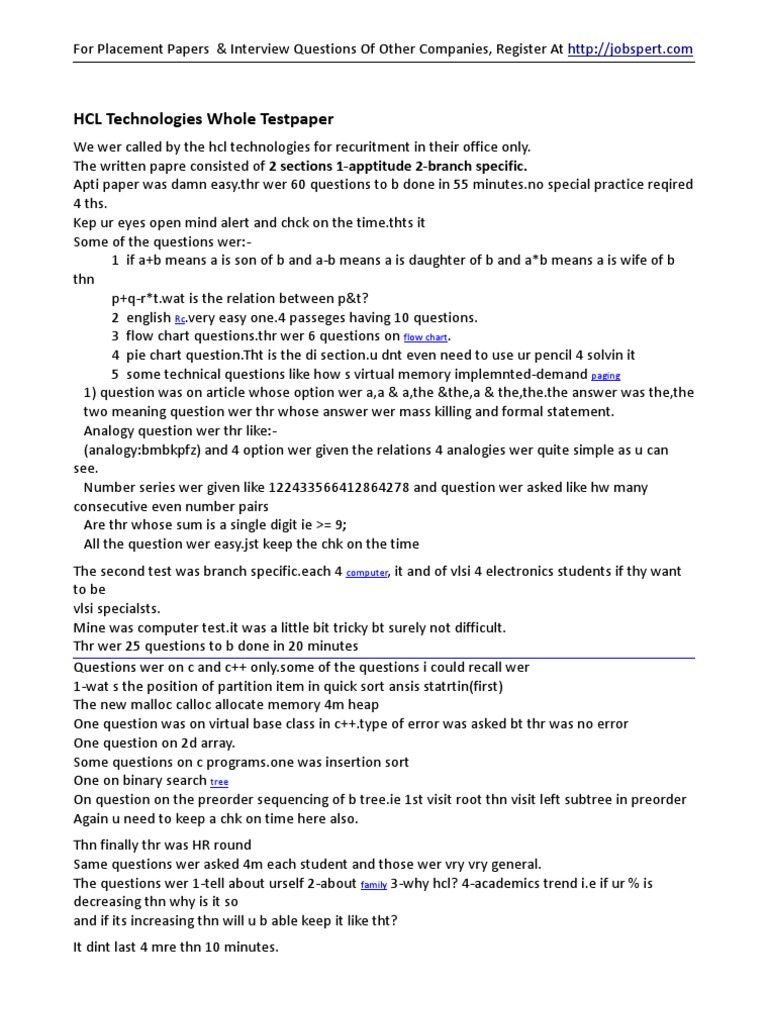 HCL Technologies Whole Testpaper: RC Flow Chart Paging | PDF | Computer ...