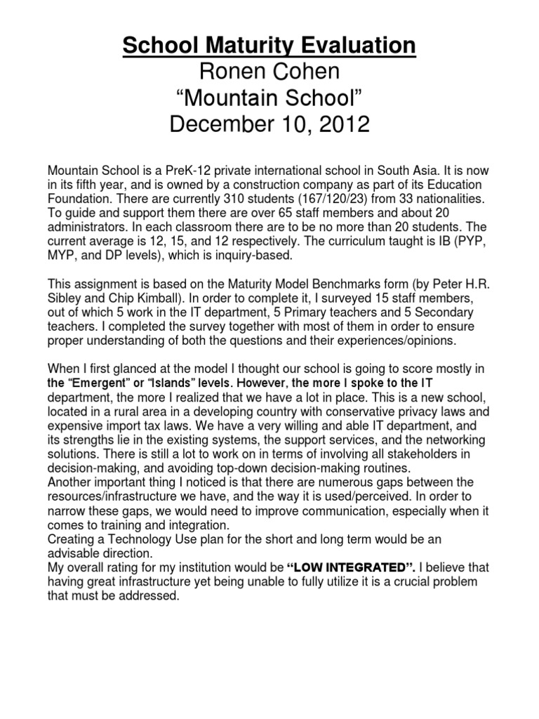 School Maturity Evaluation: Ronen Cohen "Mountain School" December 10 ...