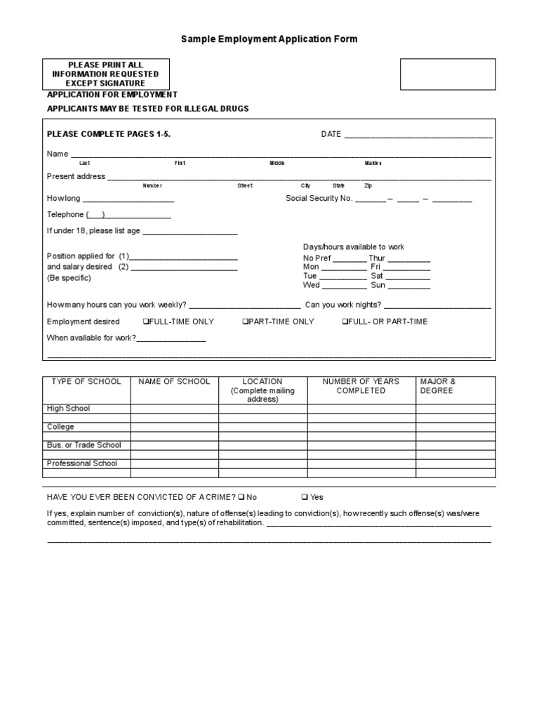 Sample Employment Application Form | Download Free PDF | At Will ...