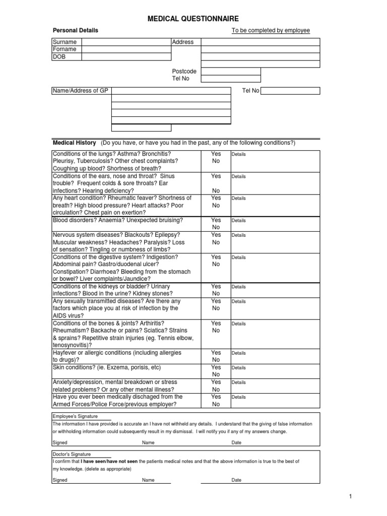 Medical Questionnaire Sept 06 | PDF | Thorax | Rtt