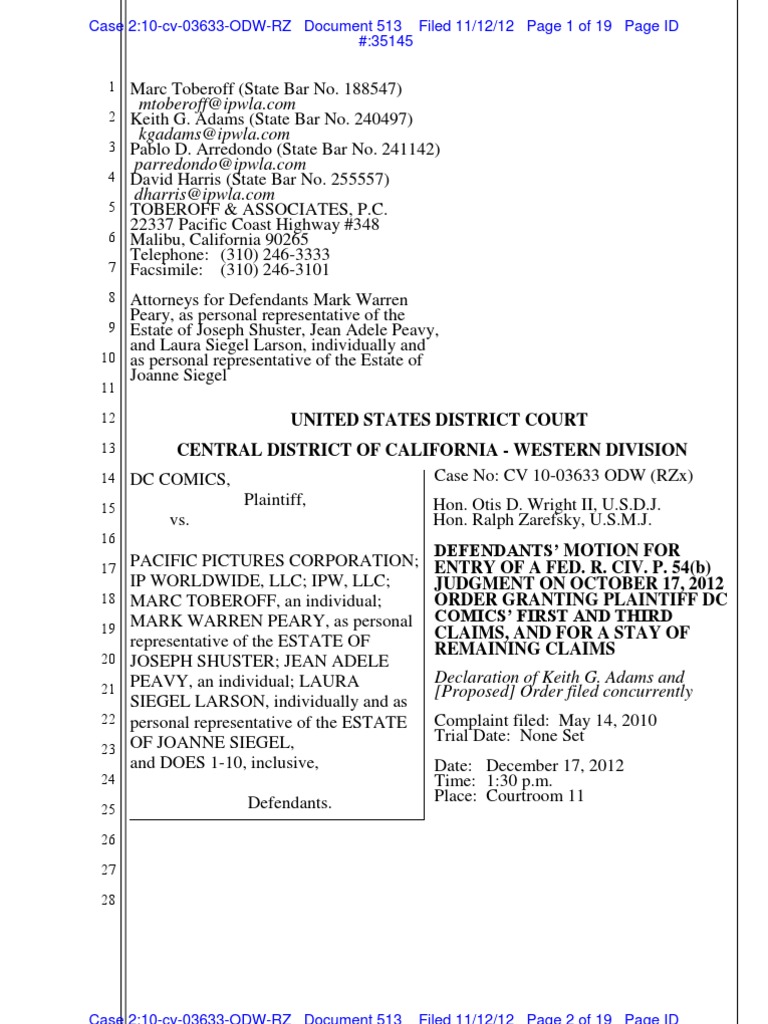 Rule 54 B Motion And Judgment In The Pacific Pictures Joe Shuster