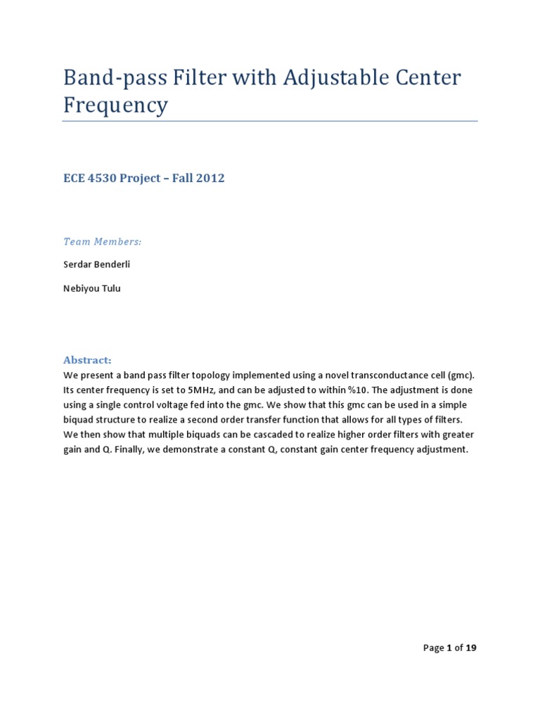 Adjustable Band-Pass Filter Design | PDF | Electronic Filter | Amplifier