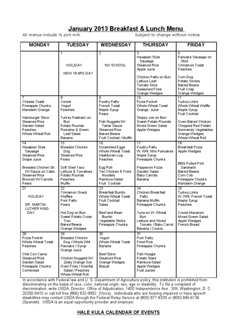 January Breakfast and Lunch Menu Hale Kula Elementary School | PDF ...