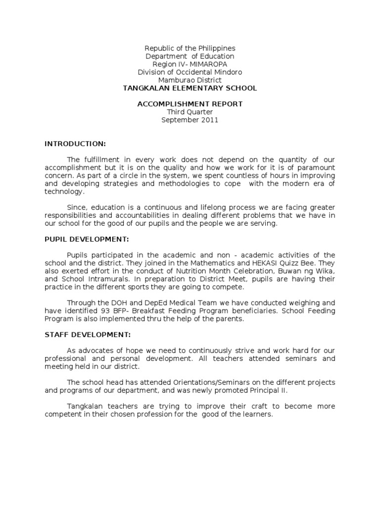 Tangkalan Accomplishment Report 2011 | PDF | Teachers | Cognition