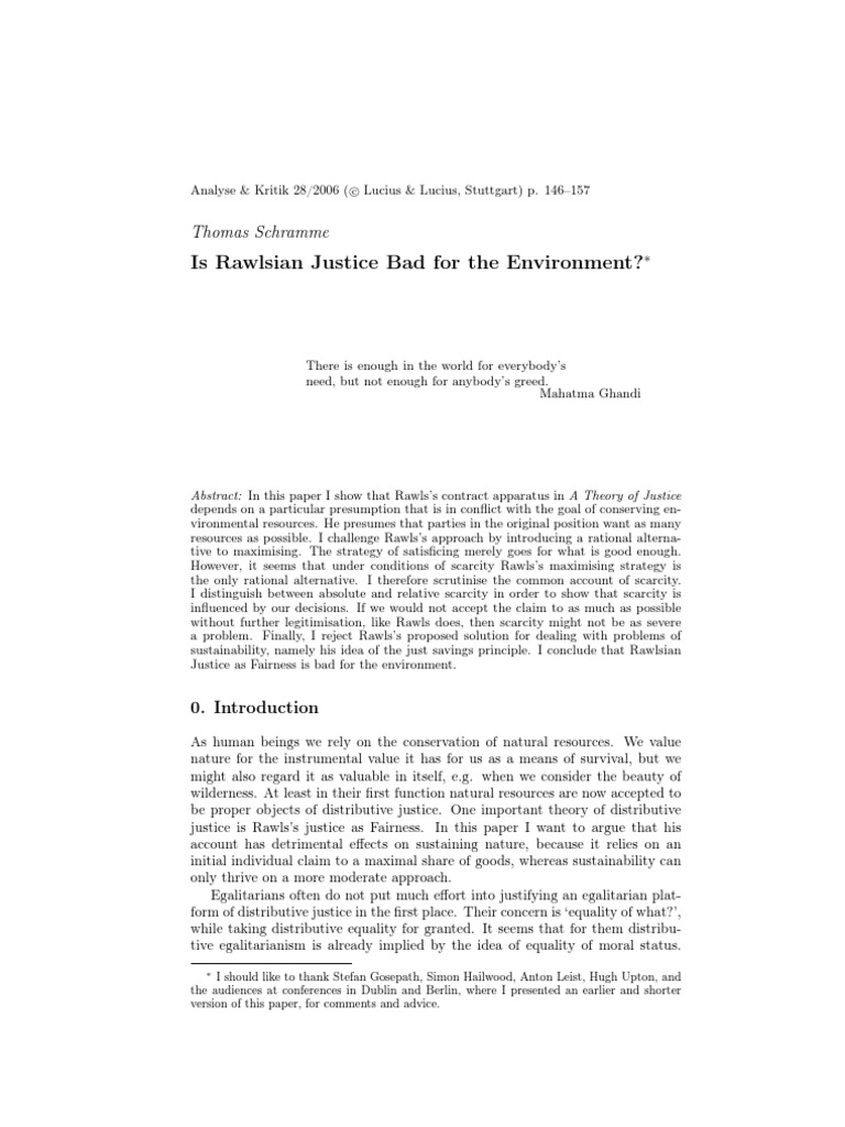Is Rawlsian Justice Bad For The Enviornment | PDF | John Rawls | Resource