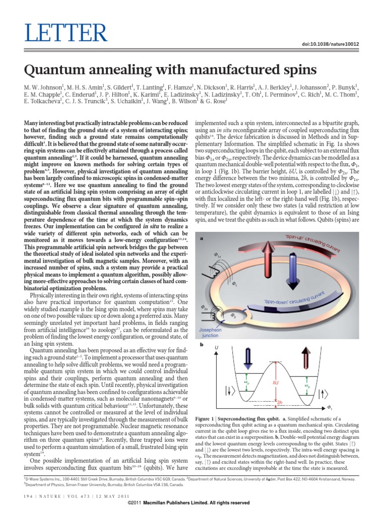 Letter: Quantum Annealing With Manufactured Spins | PDF | Spin (Physics ...