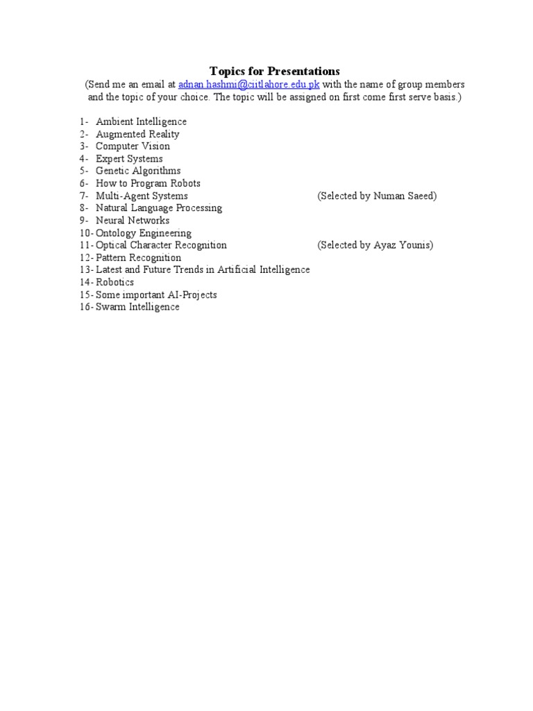 AI Presentation Topics List | PDF