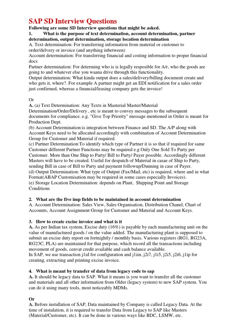 Key Insights into SAP SD Interview Questions and Answers | PDF | Excise ...