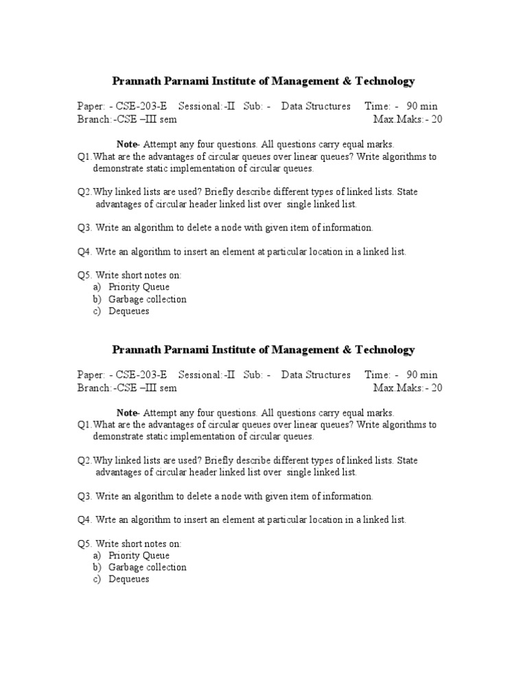 Data Structures Exam Questions and Algorithms | PDF