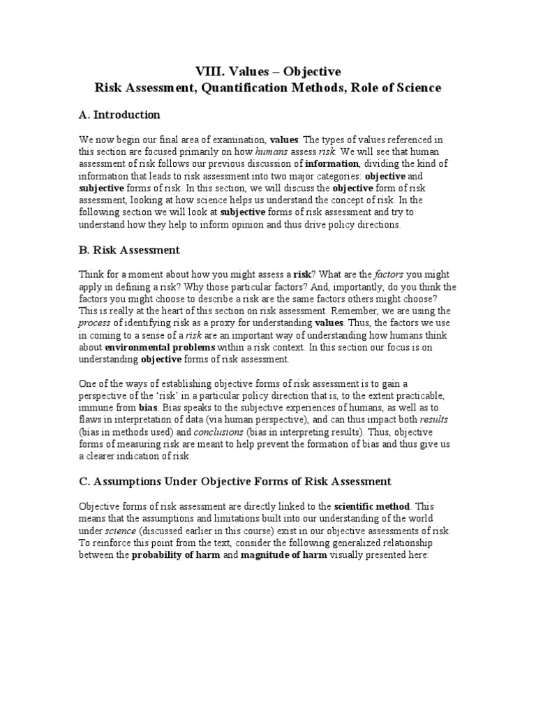 VIII. Values - Objective Risk Assessment, Quantification Methods, Role ...