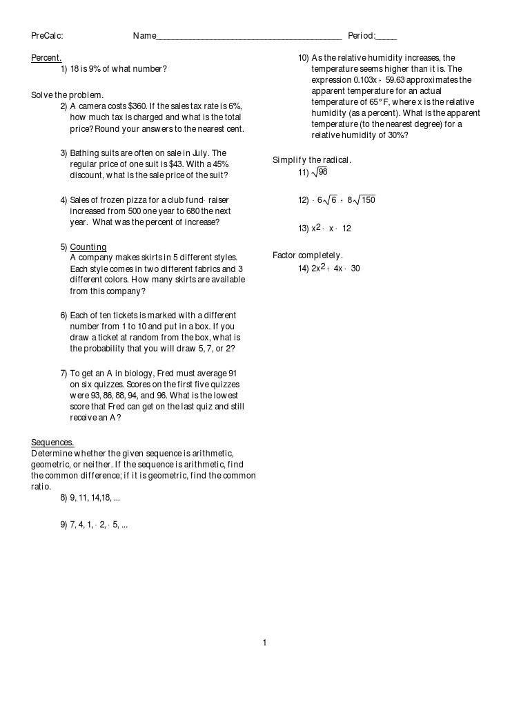 PreCalc Midterm Review Worksheet | PDF | Teaching Mathematics | Business