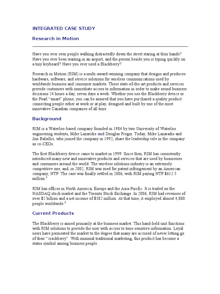 RIM Case Study: Blackberry Innovations and Strategy | PDF