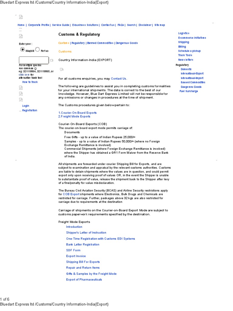 Blue Dart Export Customs Guidelines | PDF | Invoice | Cargo