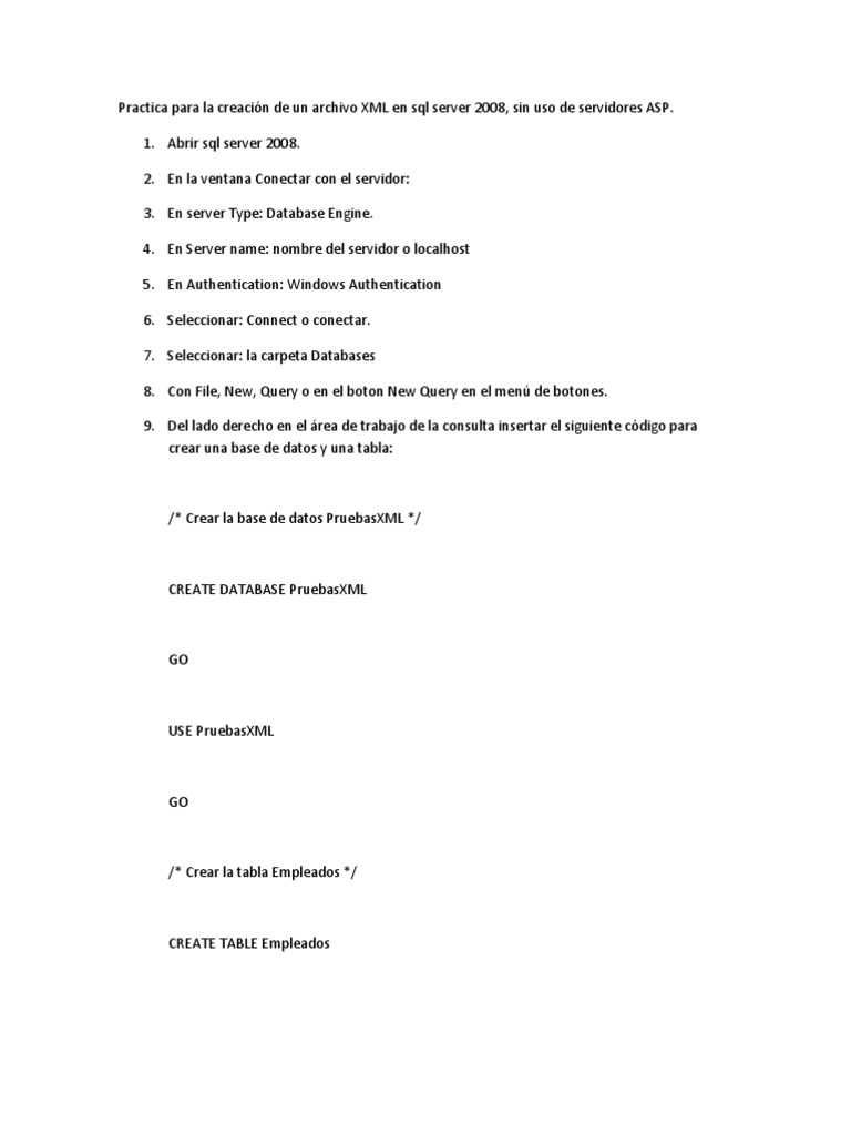 Crear XML en SQL Server 2008 | PDF | Servidor SQL de Microsoft | Tabla (base de datos)