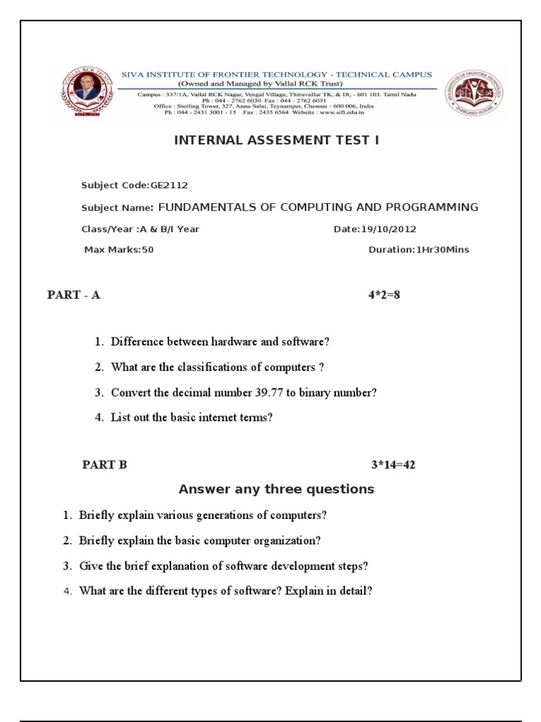 Internal Assessment Test I: Computer Basics | PDF | Business | Computers