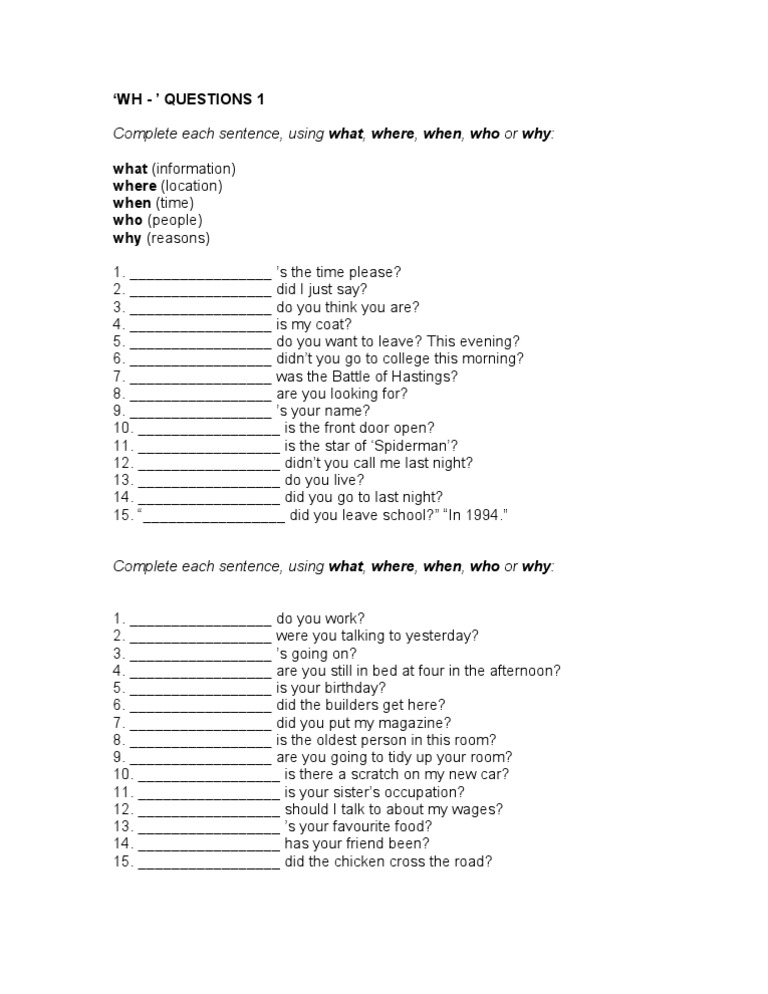 WH Questions Practice Worksheet | PDF