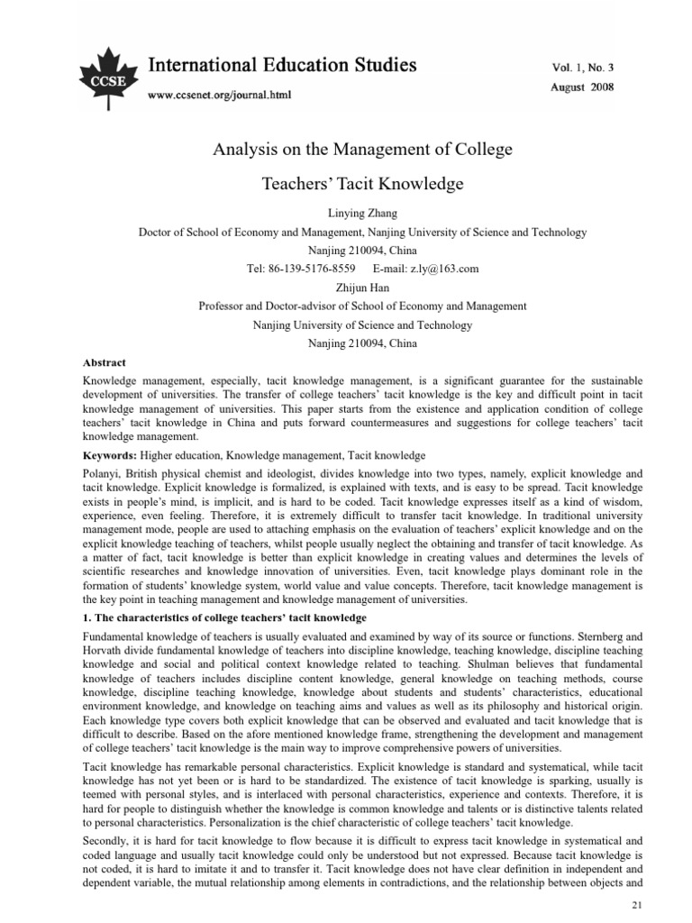Analysis On The Management of College Teachers' Tacit Knowledge | Download Free PDF | Tacit ...