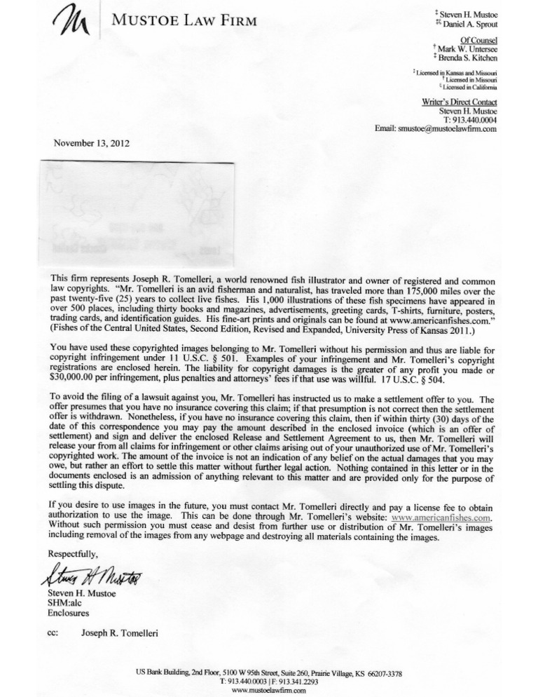 Copyright Demand Letter From Attorney Steven H. Mustoe On Behalf of ...
