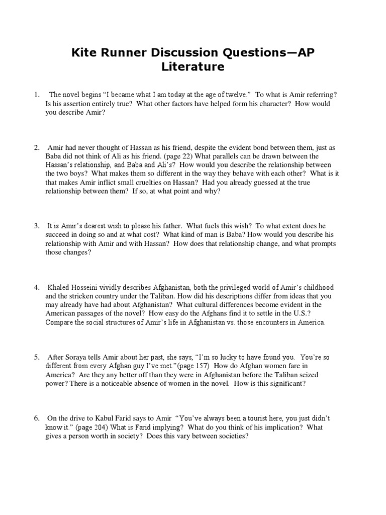 Kite Runner Dicussion Questions | PDF